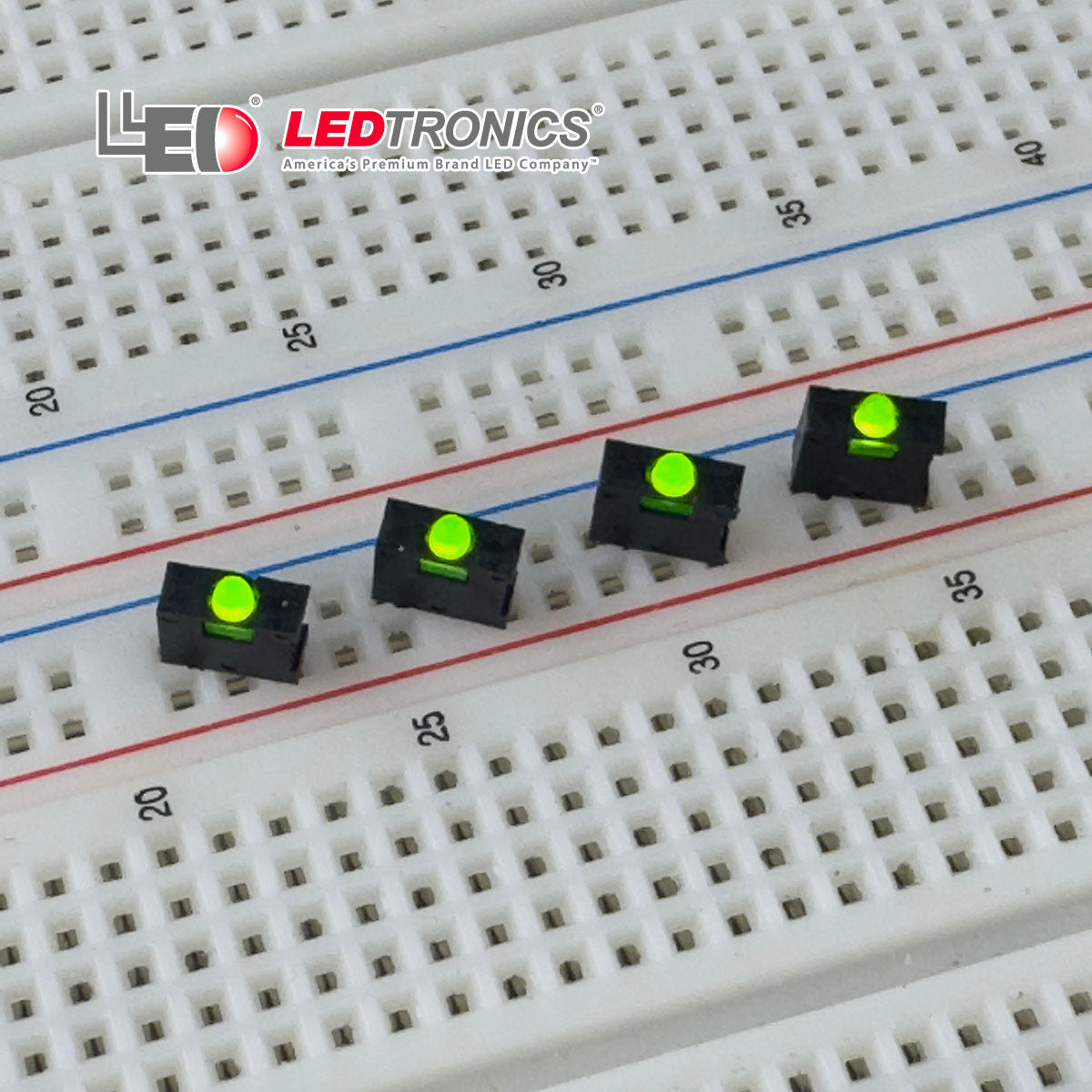G29427 ~ (Pkg 5) Ledtronics Diffused 2mm Green Vertical Mount LED in B