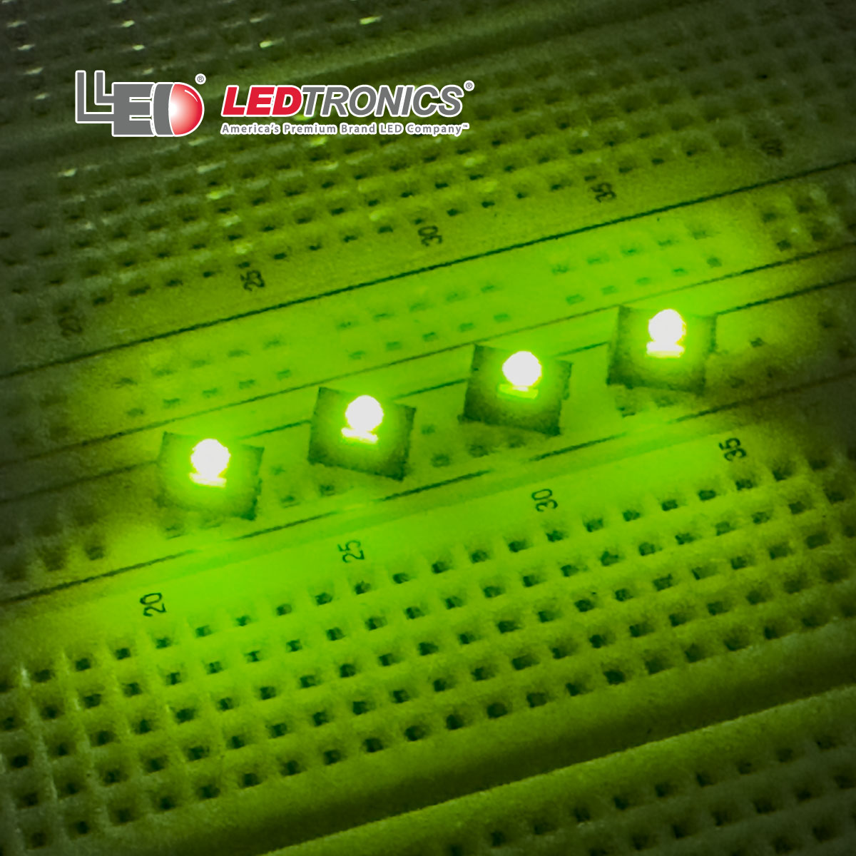 G29427 ~ (Pkg 5) Ledtronics Diffused 2mm Green Vertical Mount LED in B