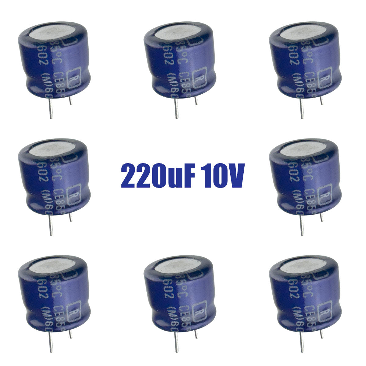 G29504 ~ (Pkg 8) Compact 220uF 10V Radial Electrolytic Capacitor